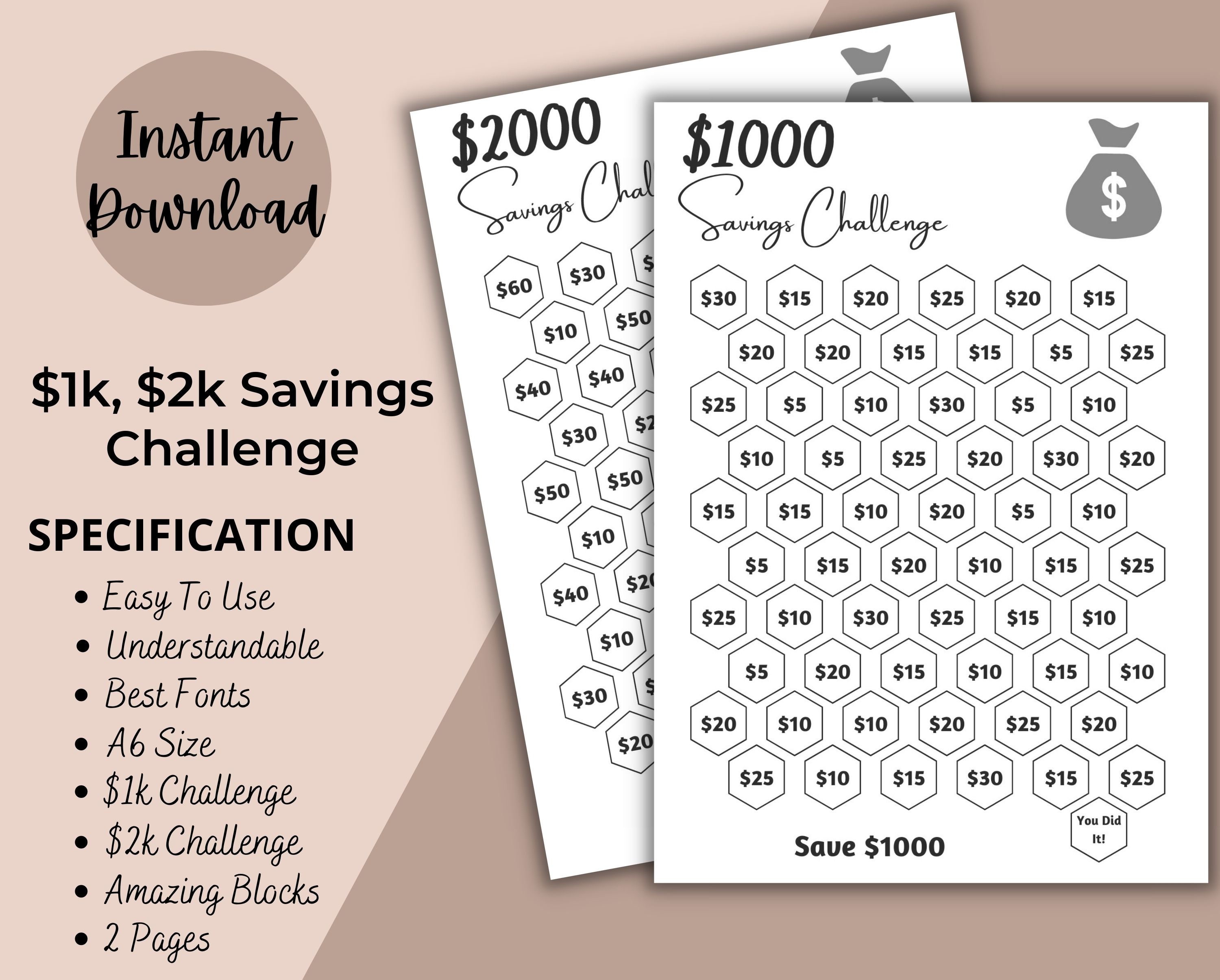 Printable 1k 2k Savings Challenge Money Savings Challenge A6 Sized Mini ...
