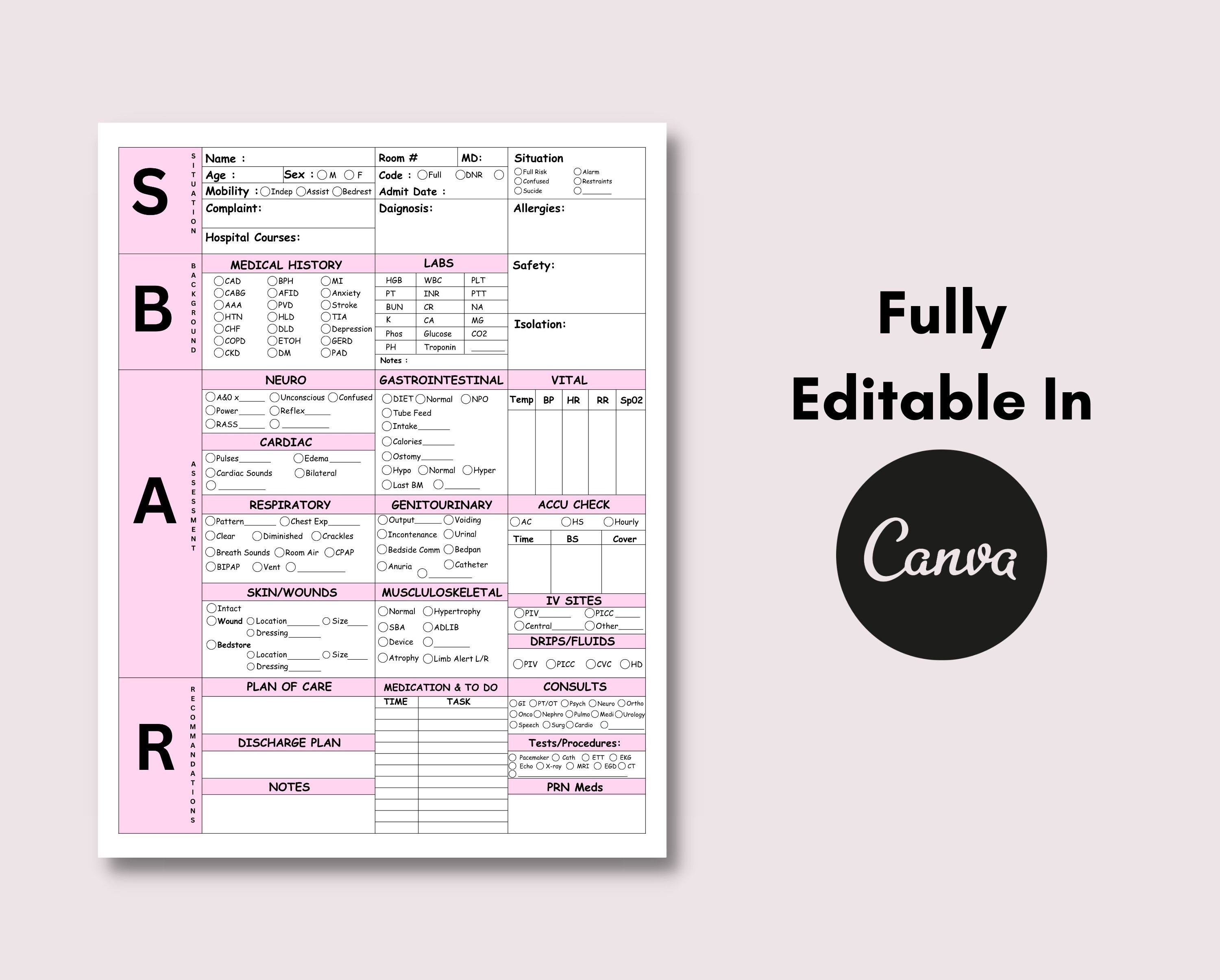 SBAR Nurse Report Sheet, Printable Med Surg Nurse Brain ICU Report ...