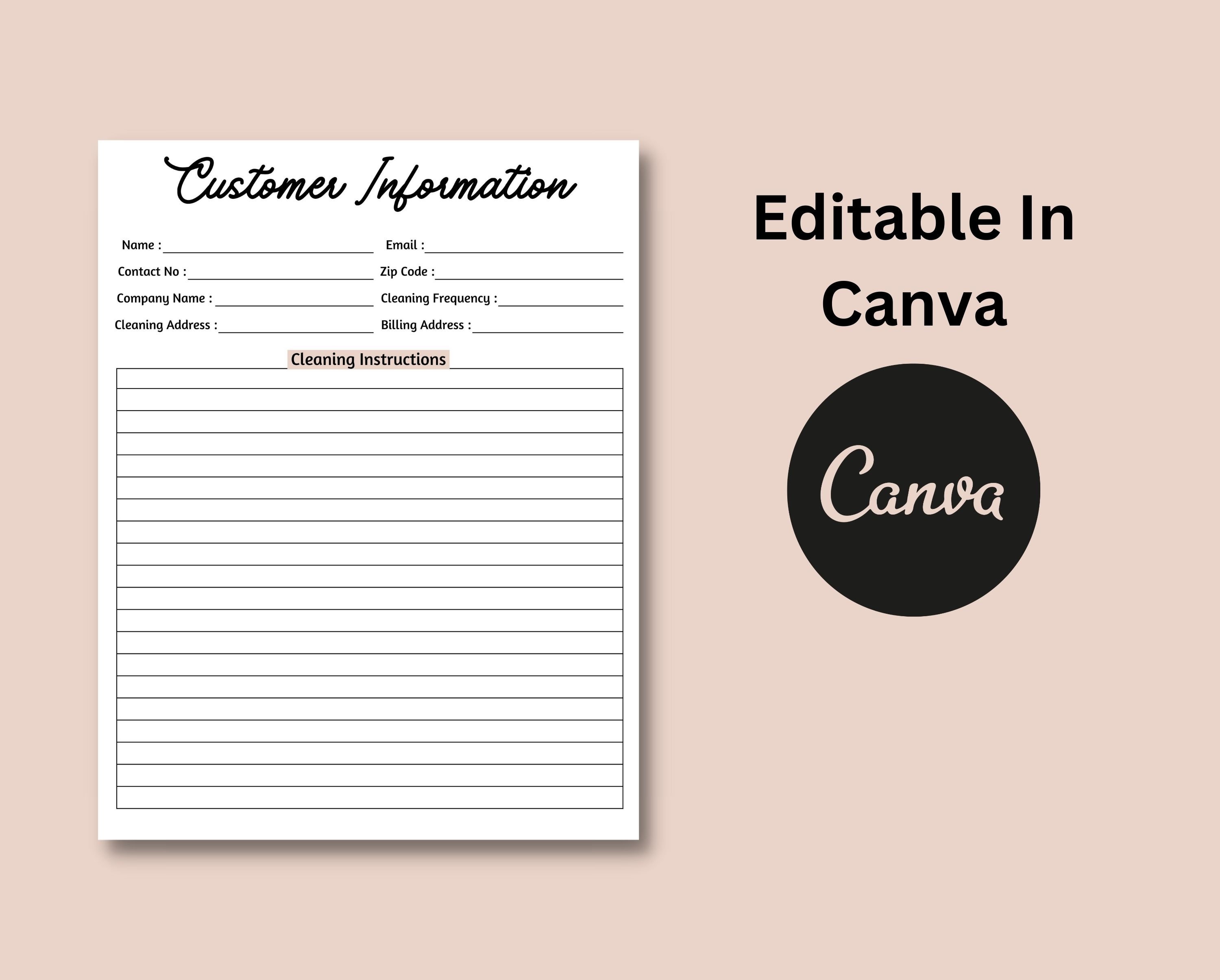 Customer Information Template Printable, Customer Info Log, Cleaning ...