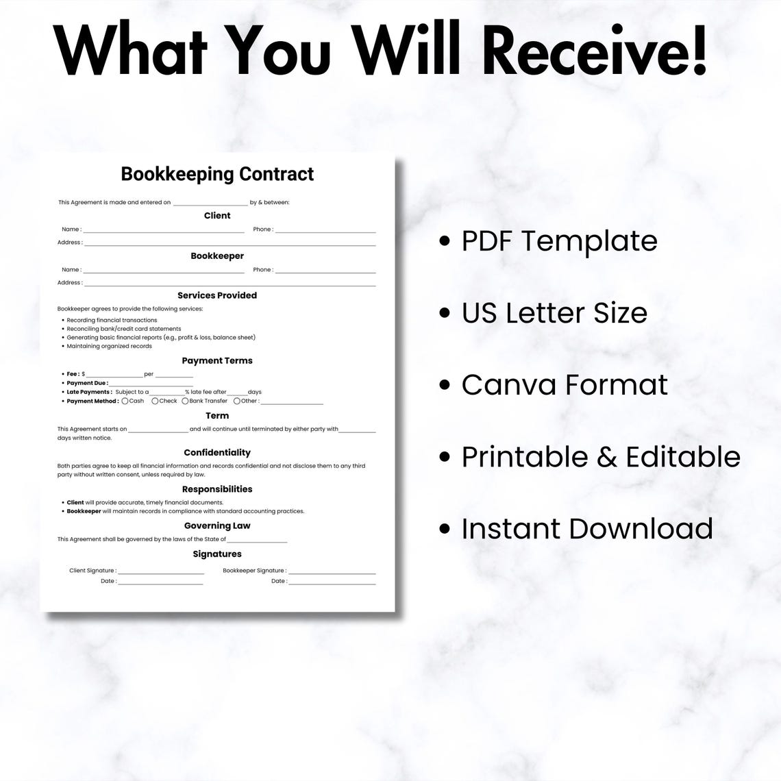 Simple Bookkeeping Contract, One Page Freelance Bookkeeper Form ...