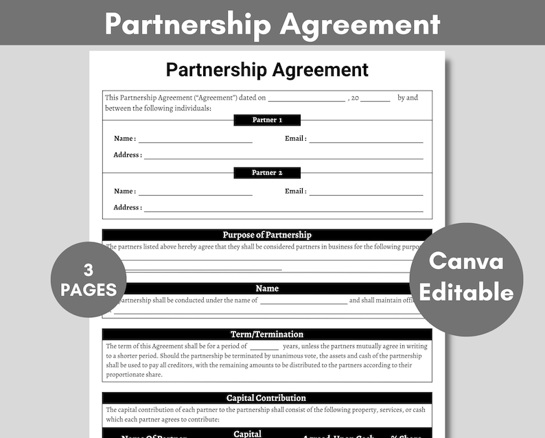 Printable Partnership Agreement Template, Editable Agreement for LLC ...