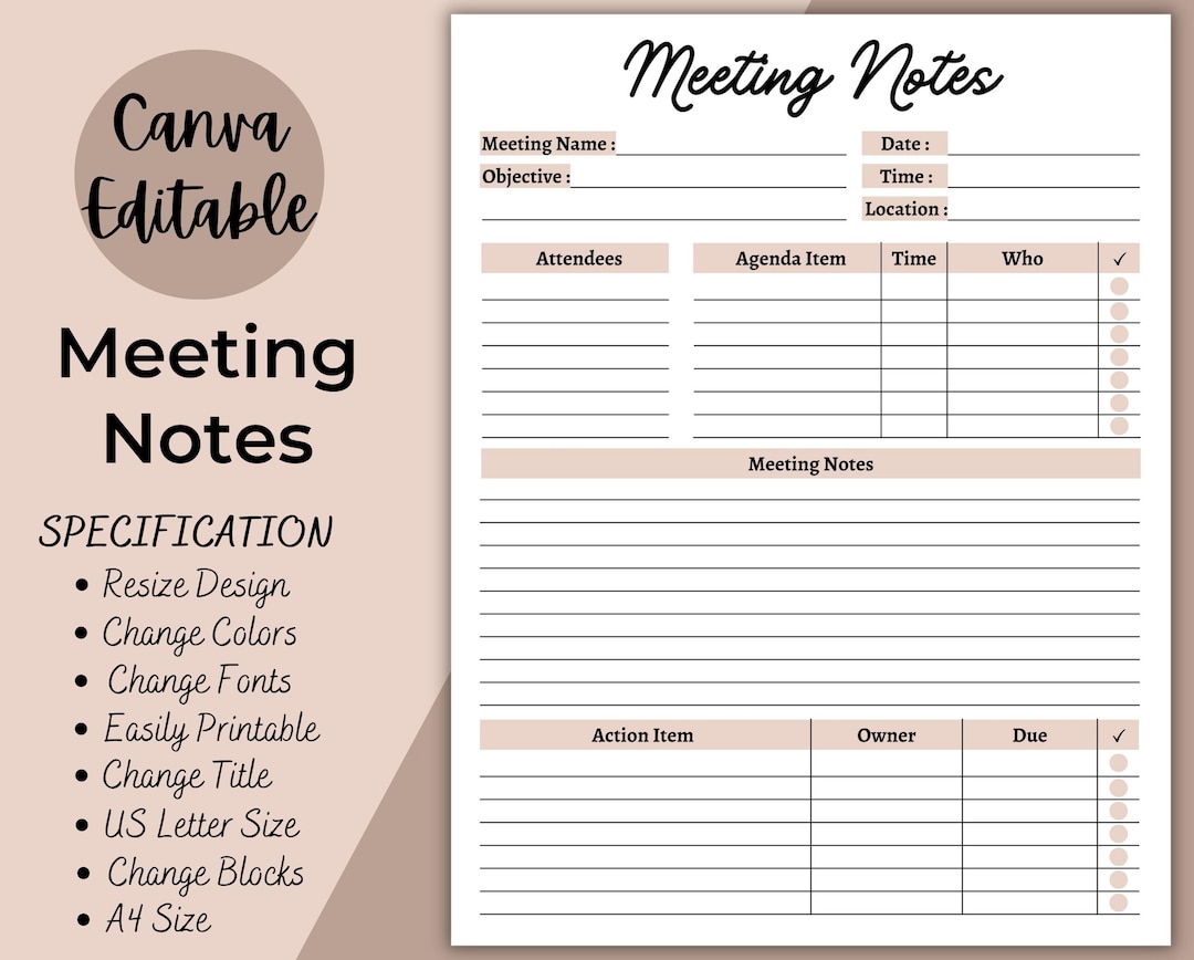 Meeting Notes Template, Editable Meeting Minutes, Printable Business ...