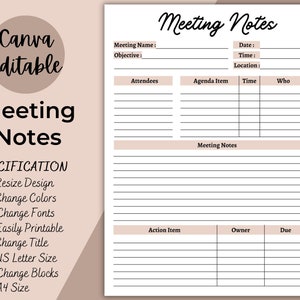 Meeting Notes Template, Editable Meeting Minutes, Printable Business ...
