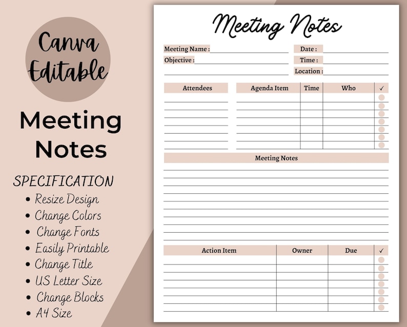 Meeting Notes Template Editable Meeting Minutes Printable - Etsy