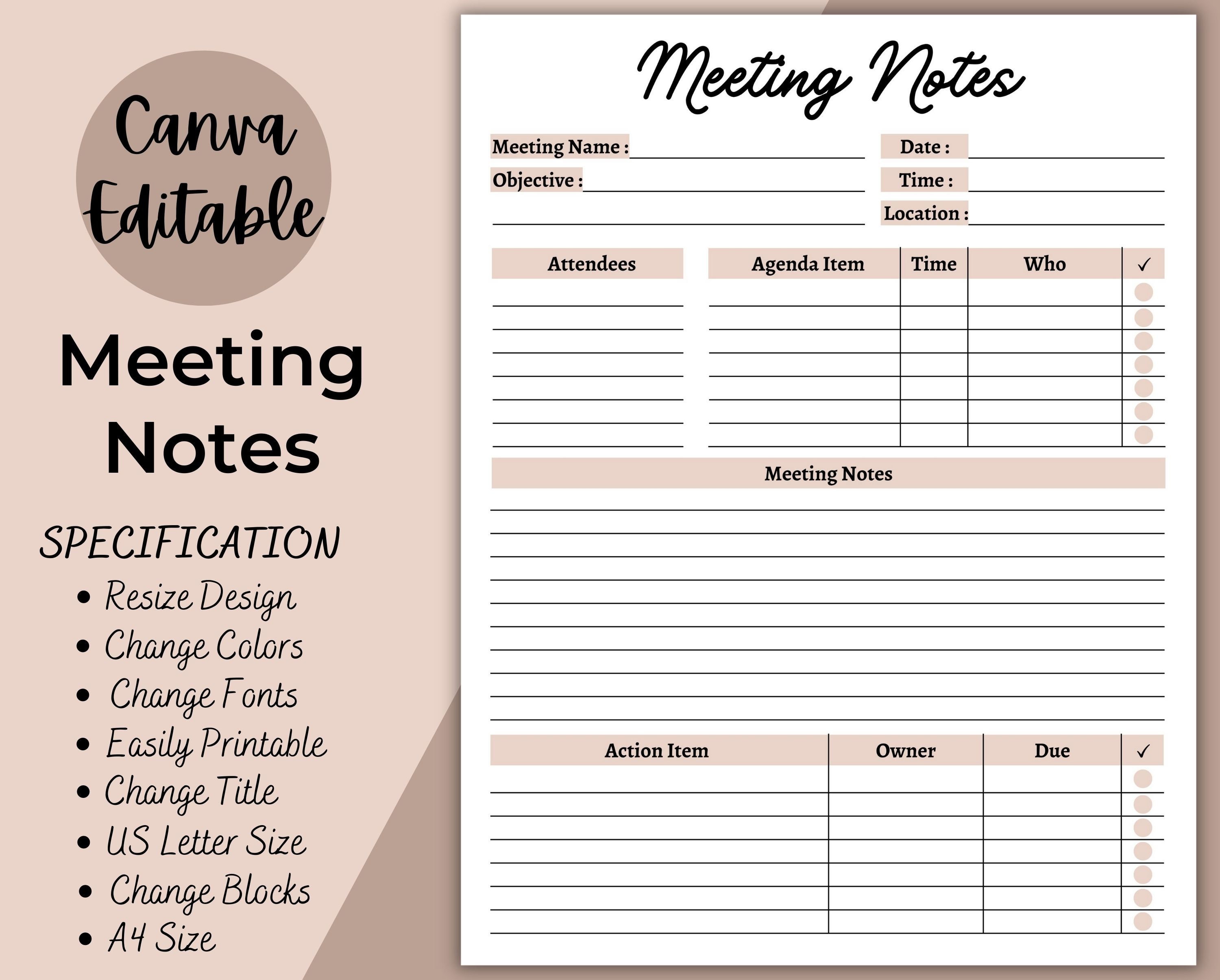 Meeting Notes Template Editable Meeting Minutes Printable - Etsy