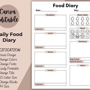Daily Food Diary, Printable Daily Food Journal, Minimalist Daily ...
