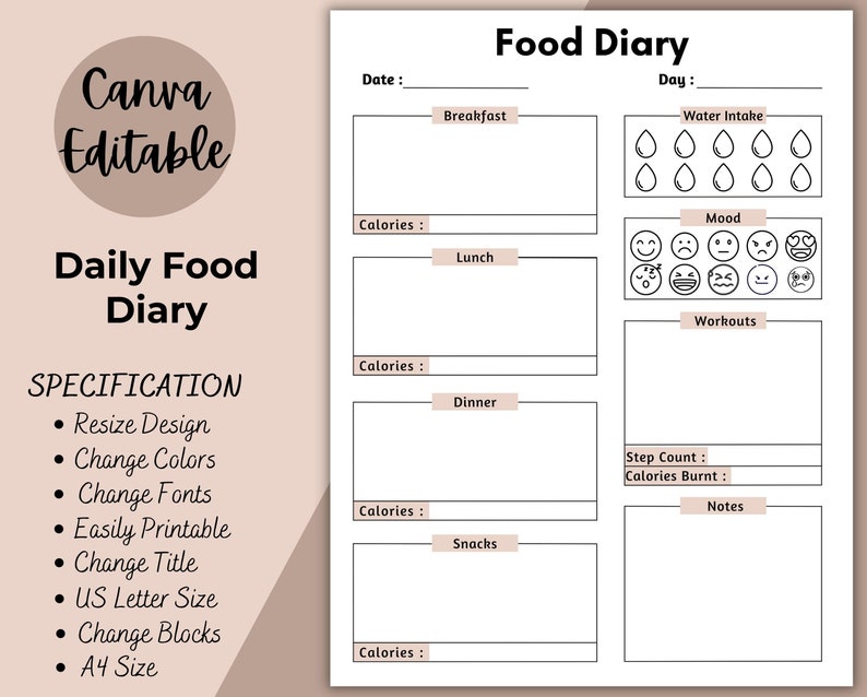 Daily Food Diary Printable Daily Food Journal Minimalist - Etsy