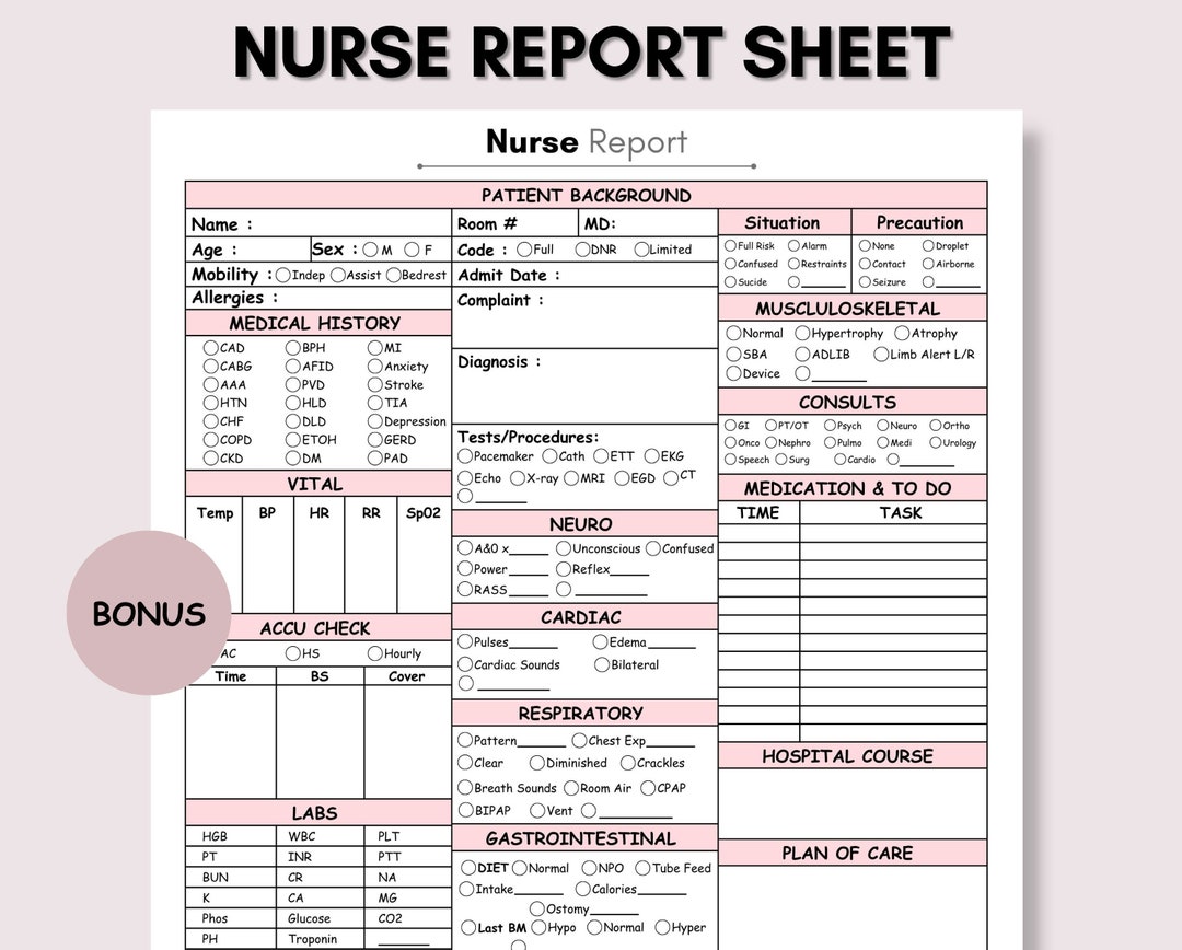 Nursing Report Sheet, Printable Med Surg, Nurse Brain, SBAR Nurse Sheet ...