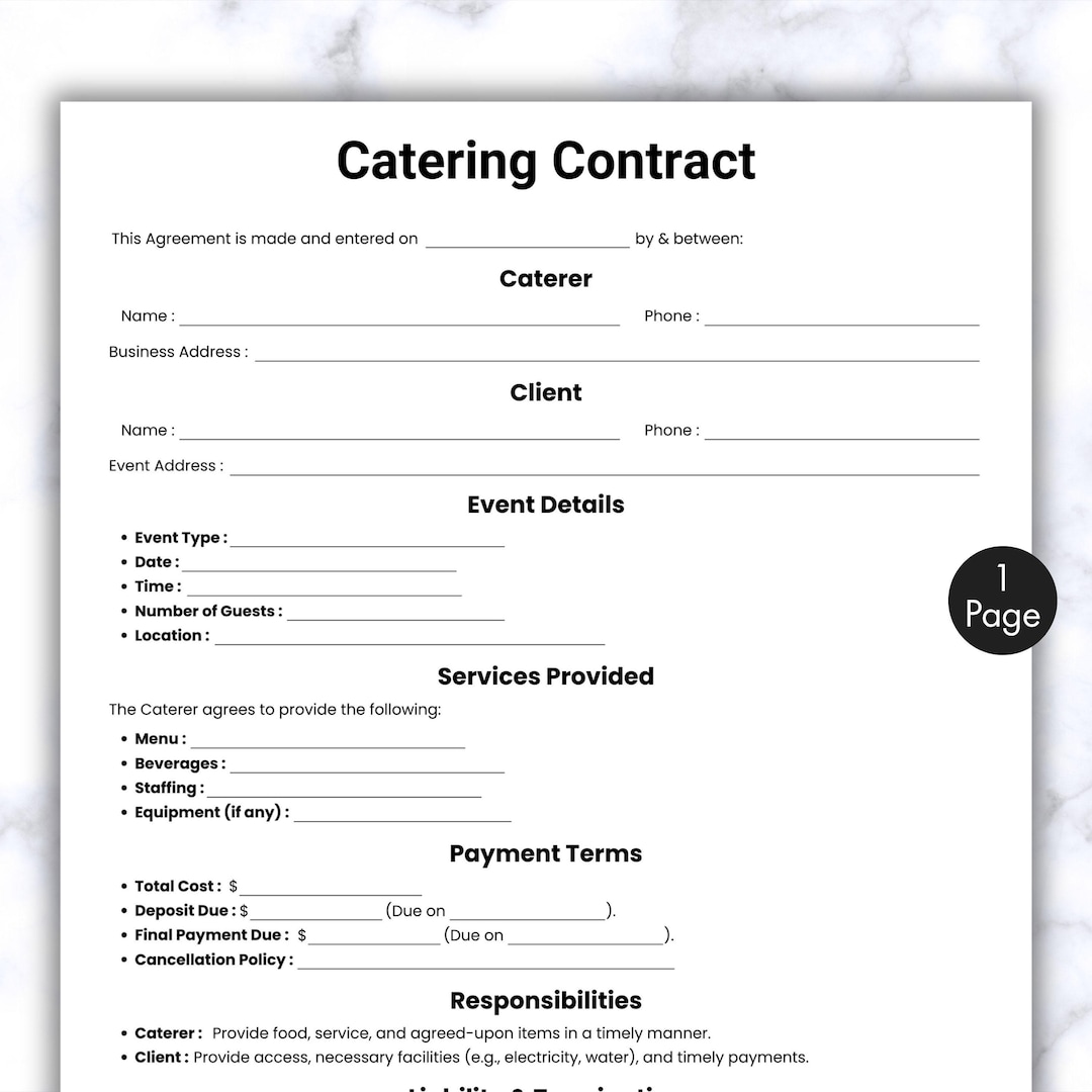 Simple Catering Contract Template, One Page Catering Service Contract ...