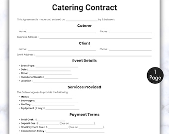 One Page Catering Contract Template, Editable Event Catering Service ...