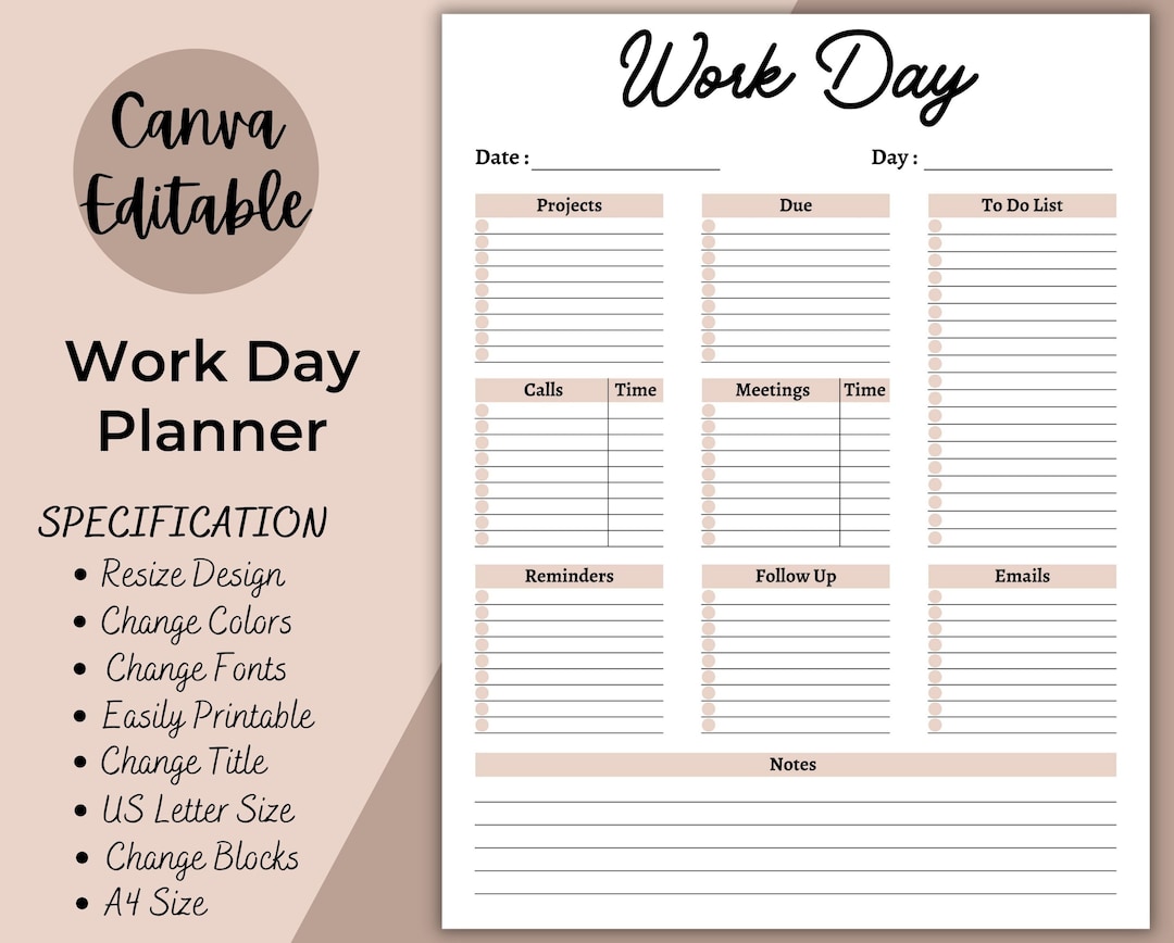 Work Day Planner | Printable and Editable Work Day Organiser | Office Task Planner | Office ...