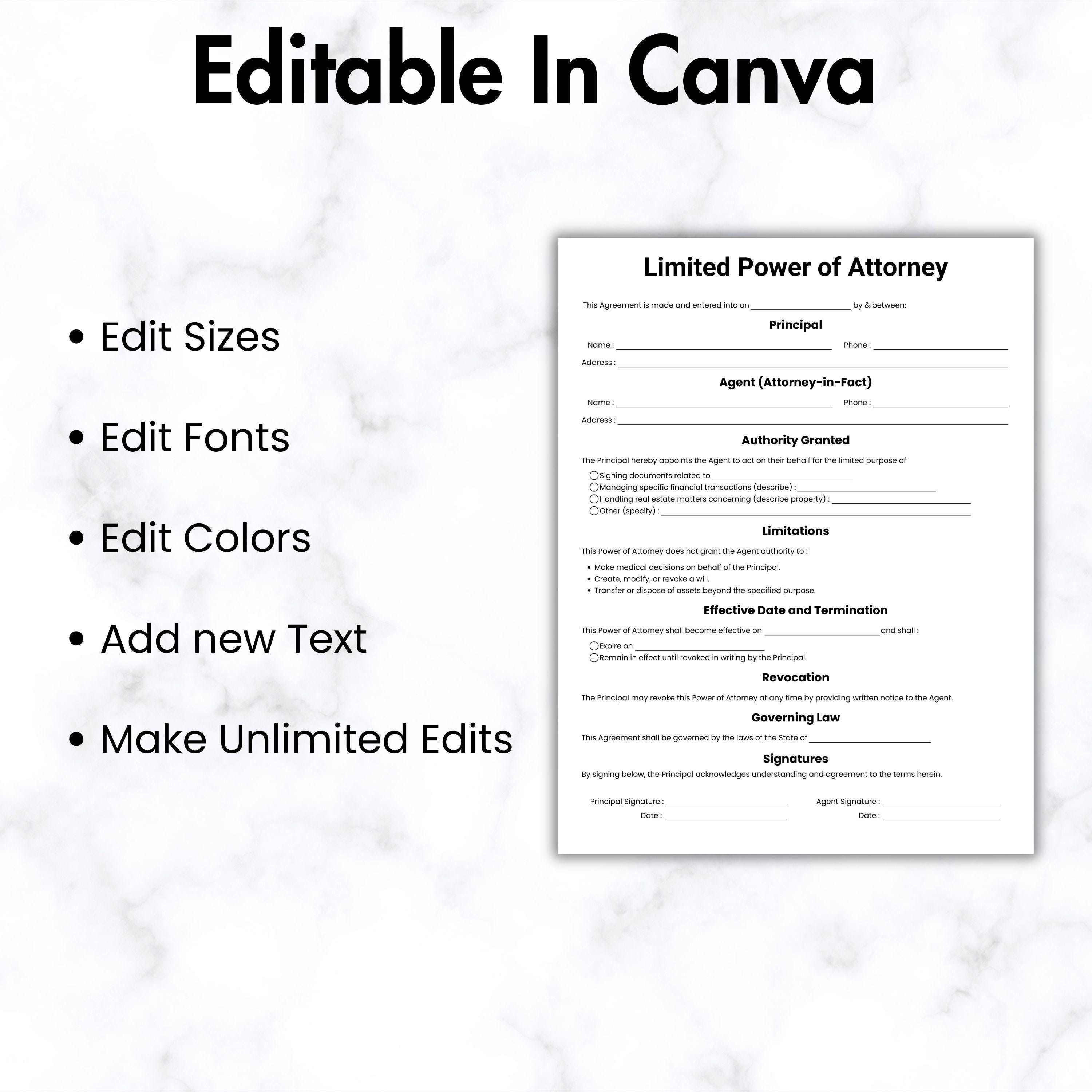 Simple Limited Power of Attorney, One Page Standard POA, Printable ...