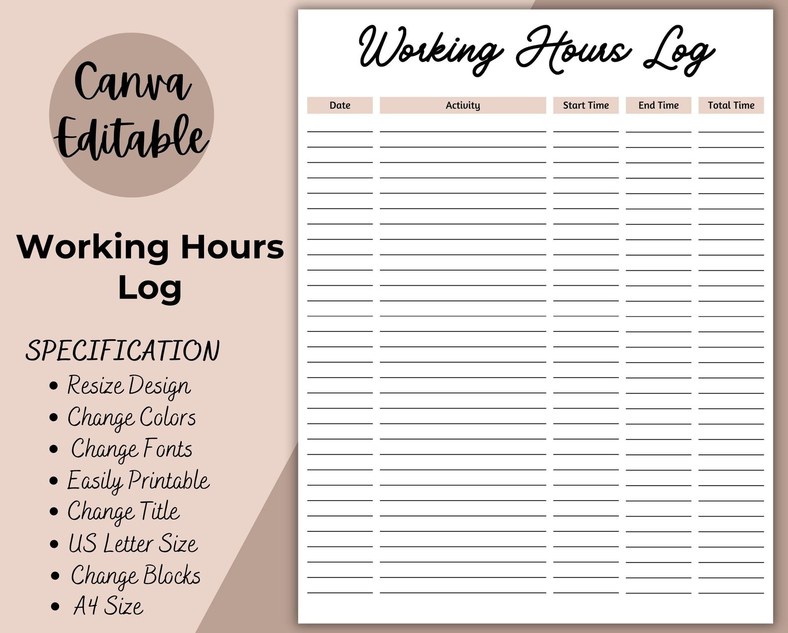 Work Log, Printable Time Log Tracker, Editable Task Working Hours ...