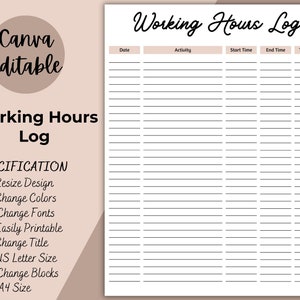 Work Log, Printable Time Log Tracker, Editable Task Working Hours ...