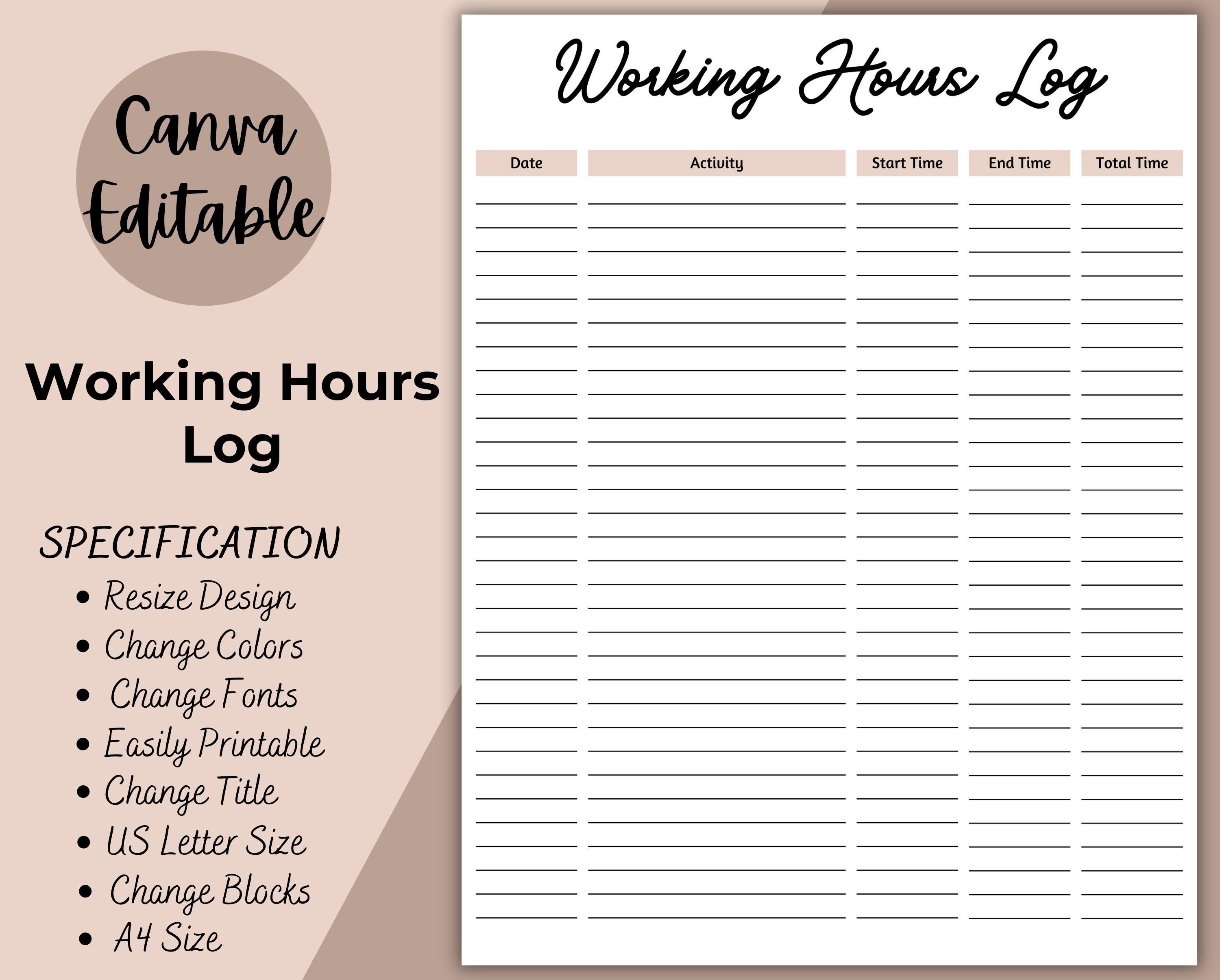 Work Log, Printable Time Log Tracker, Editable Task Working Hours ...