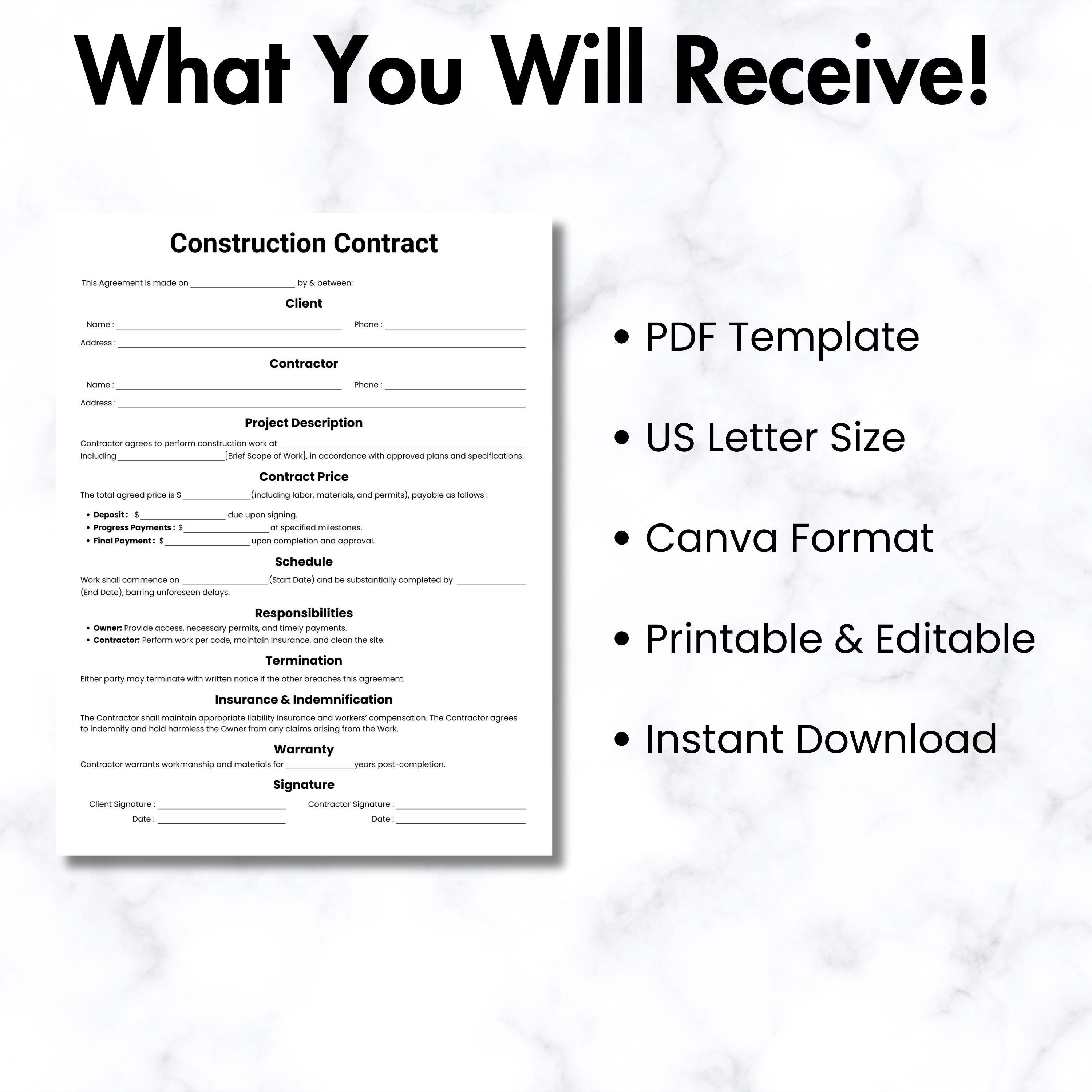 Simple Construction Contract Agreement, One Page Construction Agreement ...
