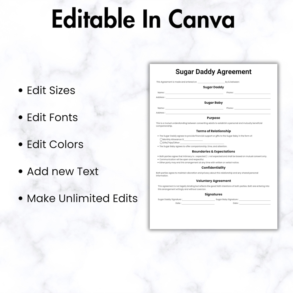 Simple Sugar Daddy Agreement, One Page Discreet Contract Form Canva ...