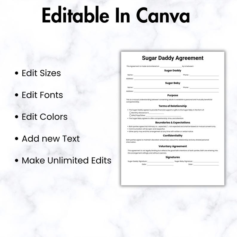 Simple Sugar Daddy Agreement, One Page Discreet Contract Form Canva ...