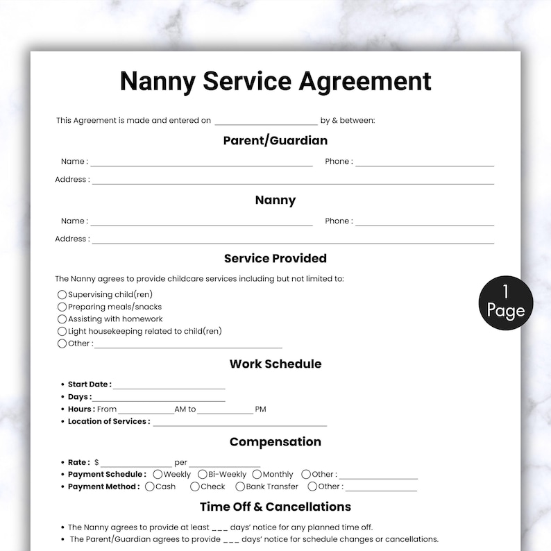 Simple Nanny Service Agreement, One Page Babysitter Service Contract ...