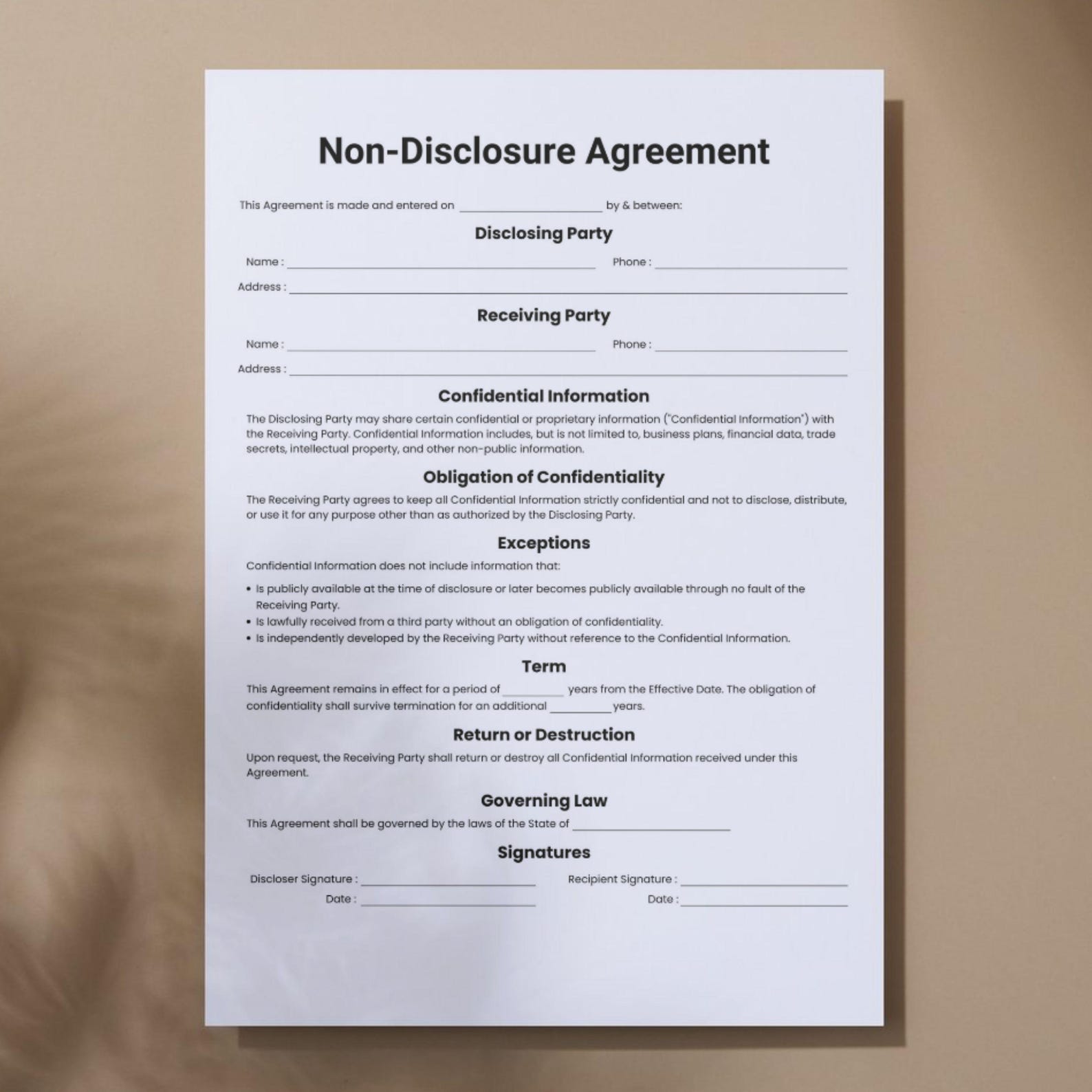 Simple Non-disclosure Agreement Template, One Page NDA Form, Printable ...