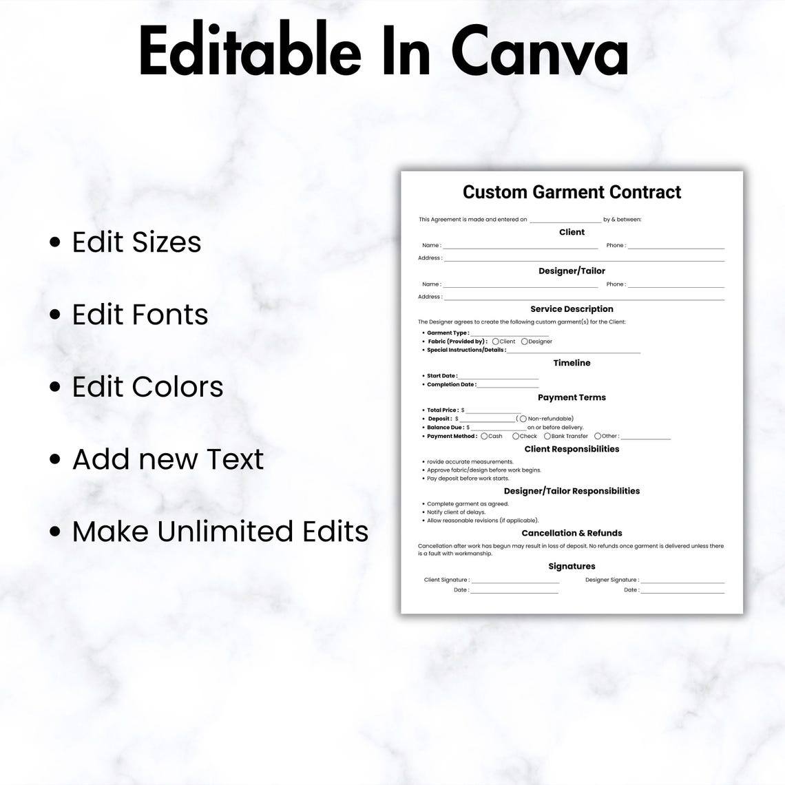 Simple Custom Garment Contract, One Page Tailor Clothing Agreement Form ...