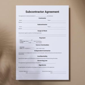 Simple Subcontractor Agreement Template, One Page Independent Contract Form, Printable ...