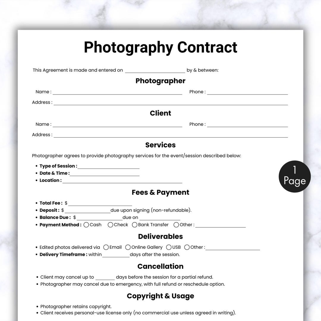 Simple Photography Contract, One Page Contract for Photographers Event ...