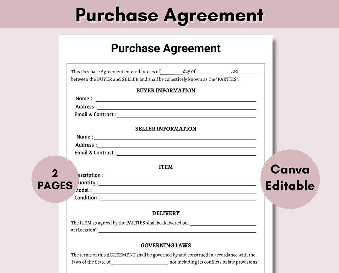Purchase Agreement, Printable Purchase and Sale Contract, Editable ...