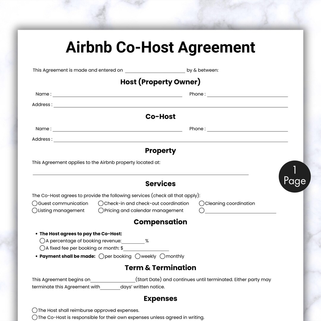 Simple Airbnb Co-host Agreement, One Page Vacation Rental Management ...