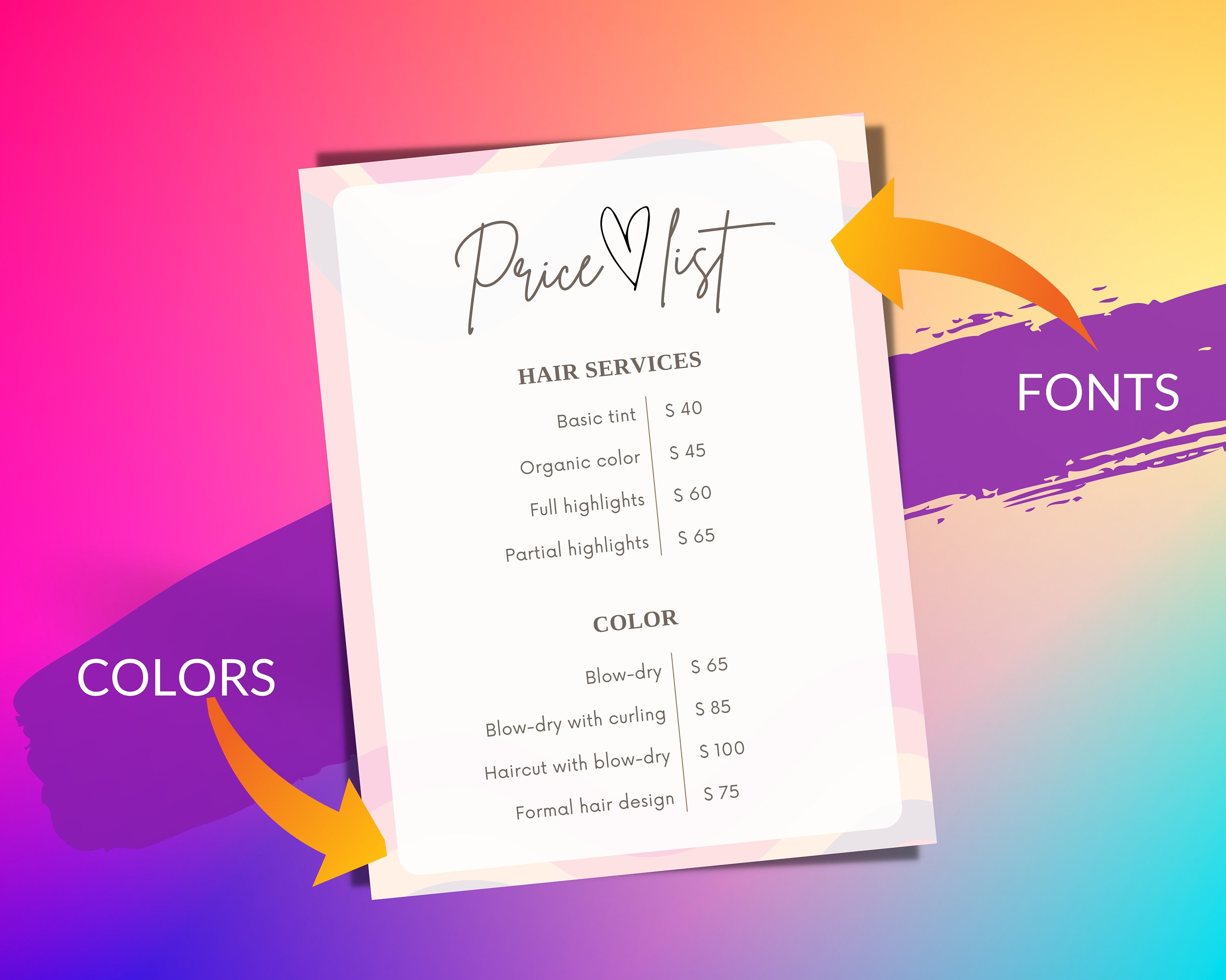 MODERN PRINTABLE PRICE List Editable Price List Template - Etsy