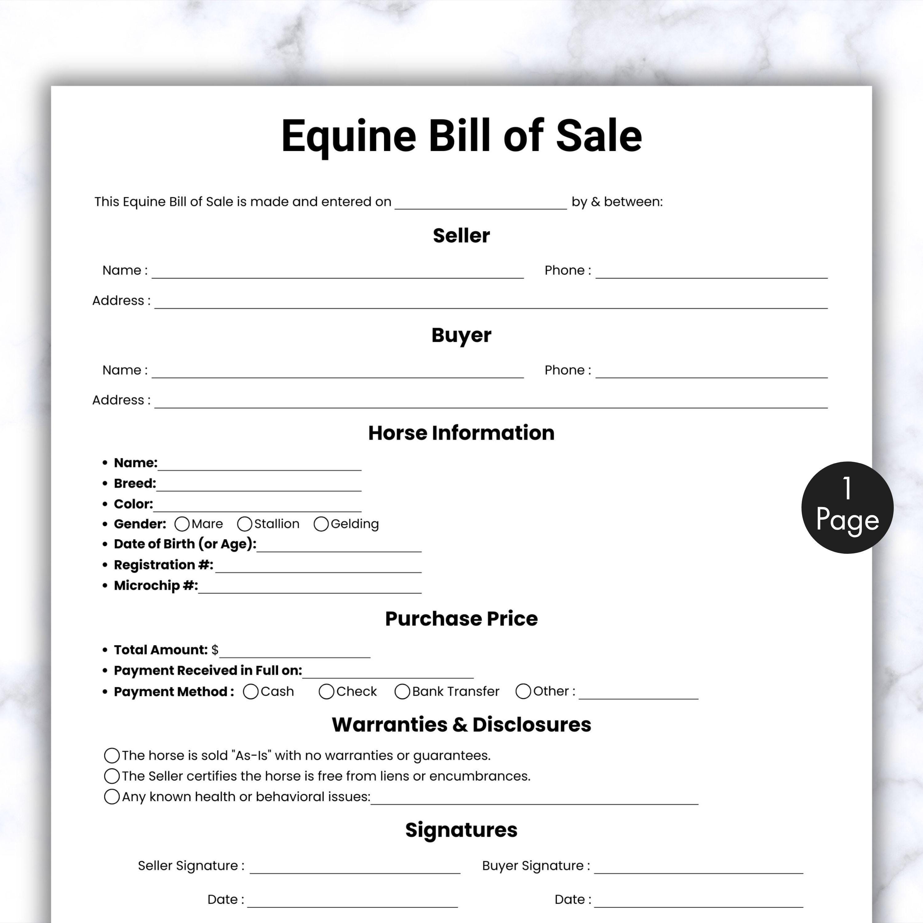 Simple Equine Bill of Sale, One Page Business Horse Legal Form ...