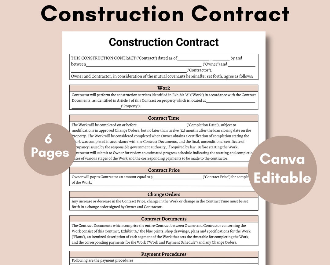 Printable Construction Contract - Construction Template - Handyman ...