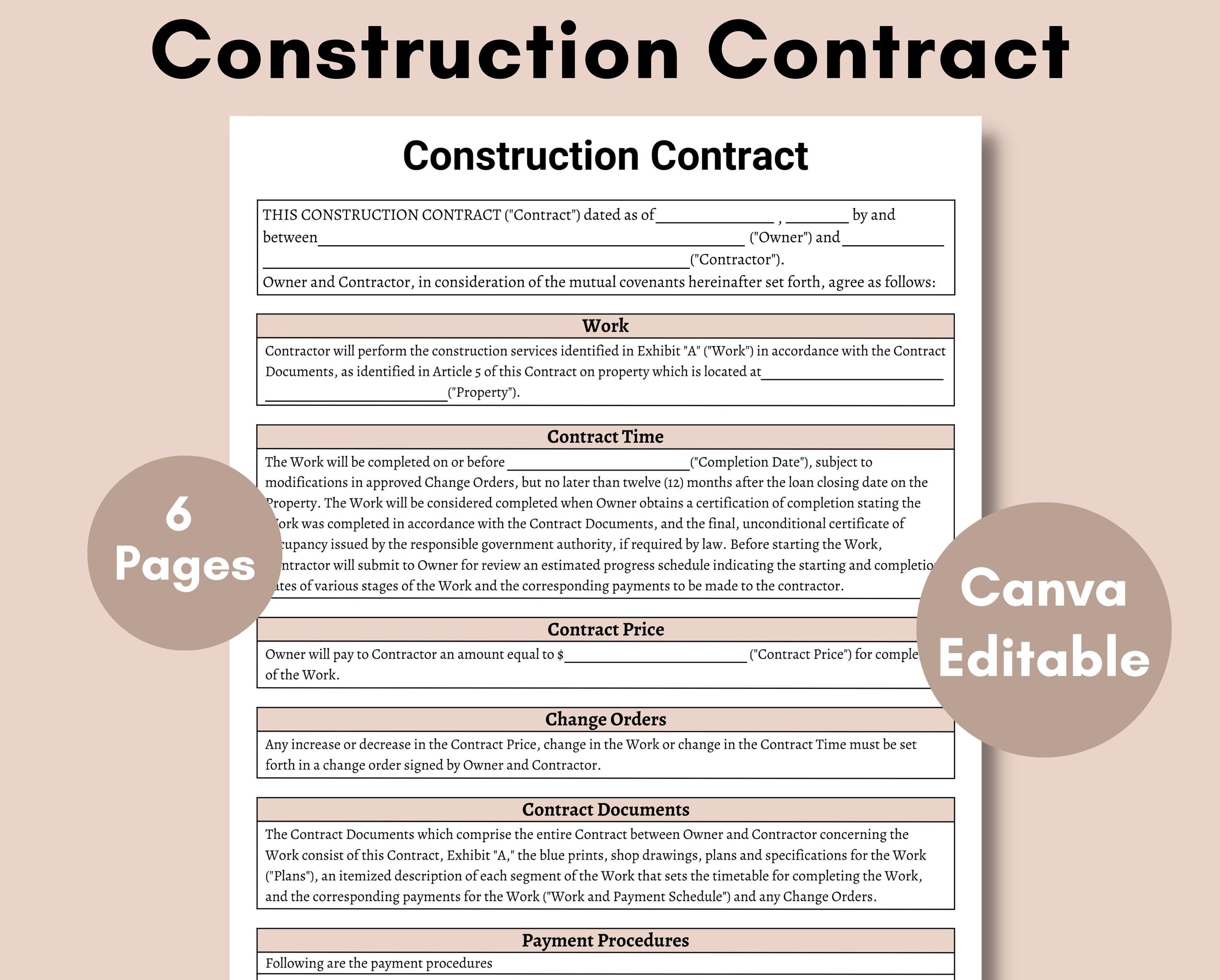 Printable Construction Contract - Construction Template - Handyman, Contract Template ...