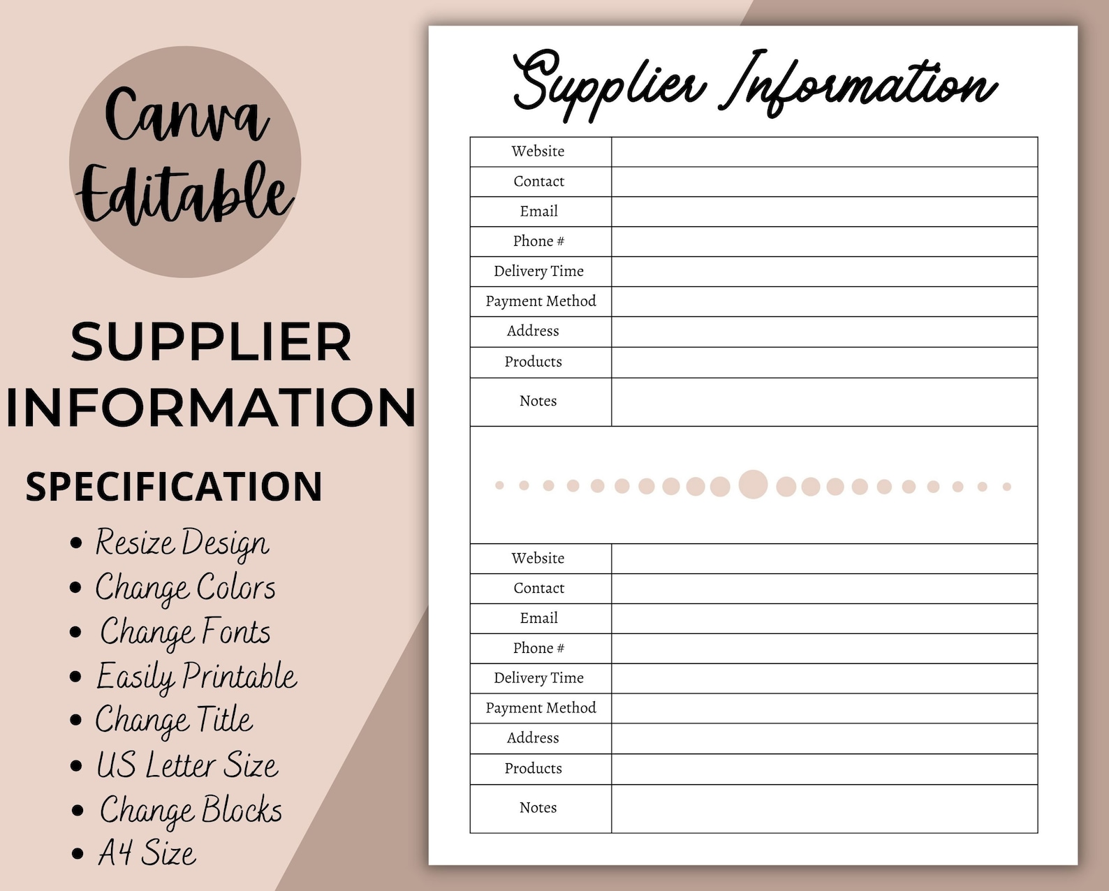 Printable Supplier Information Template Editable Template PDF Business ...