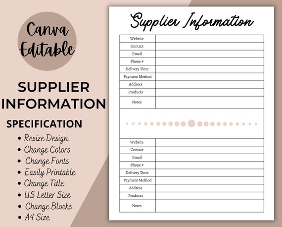 Printable Supplier Information Template Editable Template PDF - Etsy