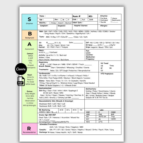 Sbar Nurse Report Sheet - Etsy