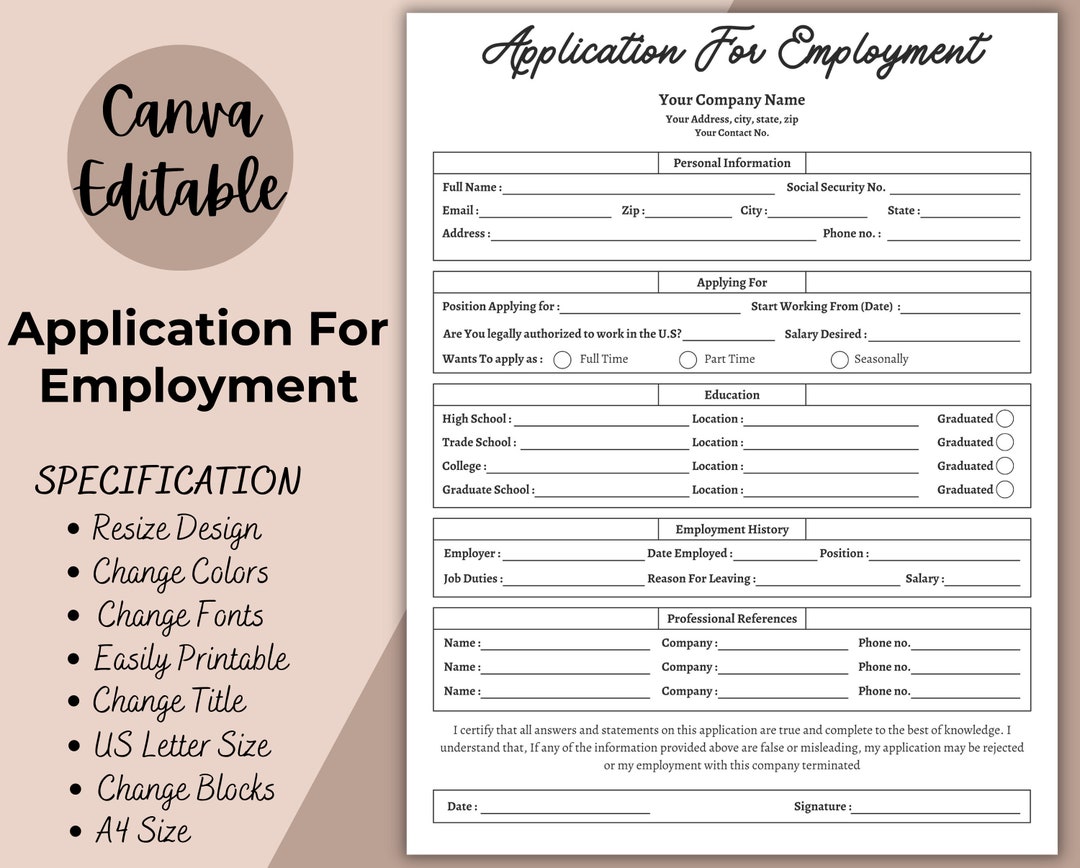 Application for Employment, Hiring Form, Job Application Template, Job ...