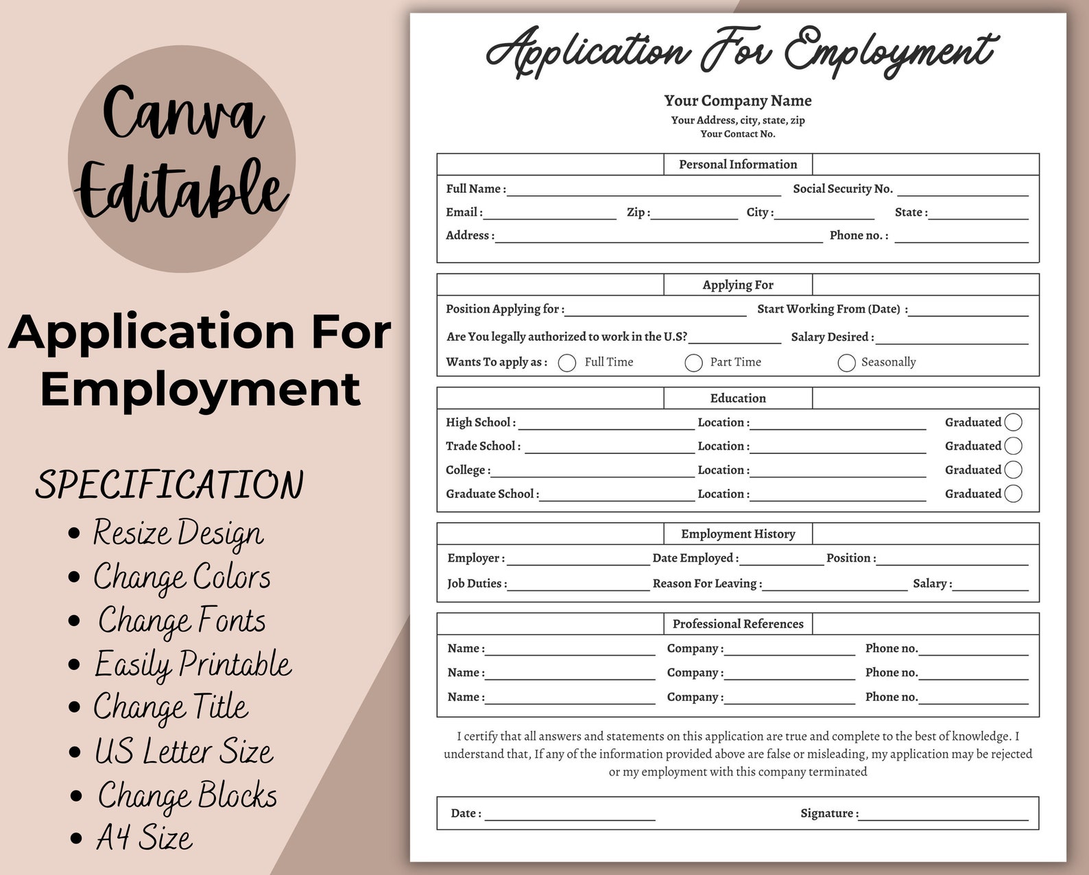 Application for Employment Hiring Form Job Application - Etsy