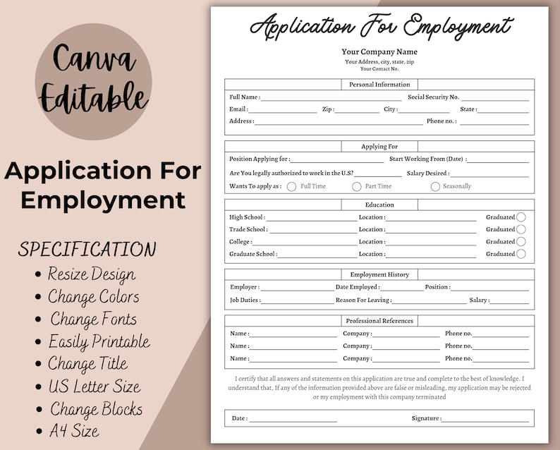 Application for Employment Hiring Form Job Application - Etsy