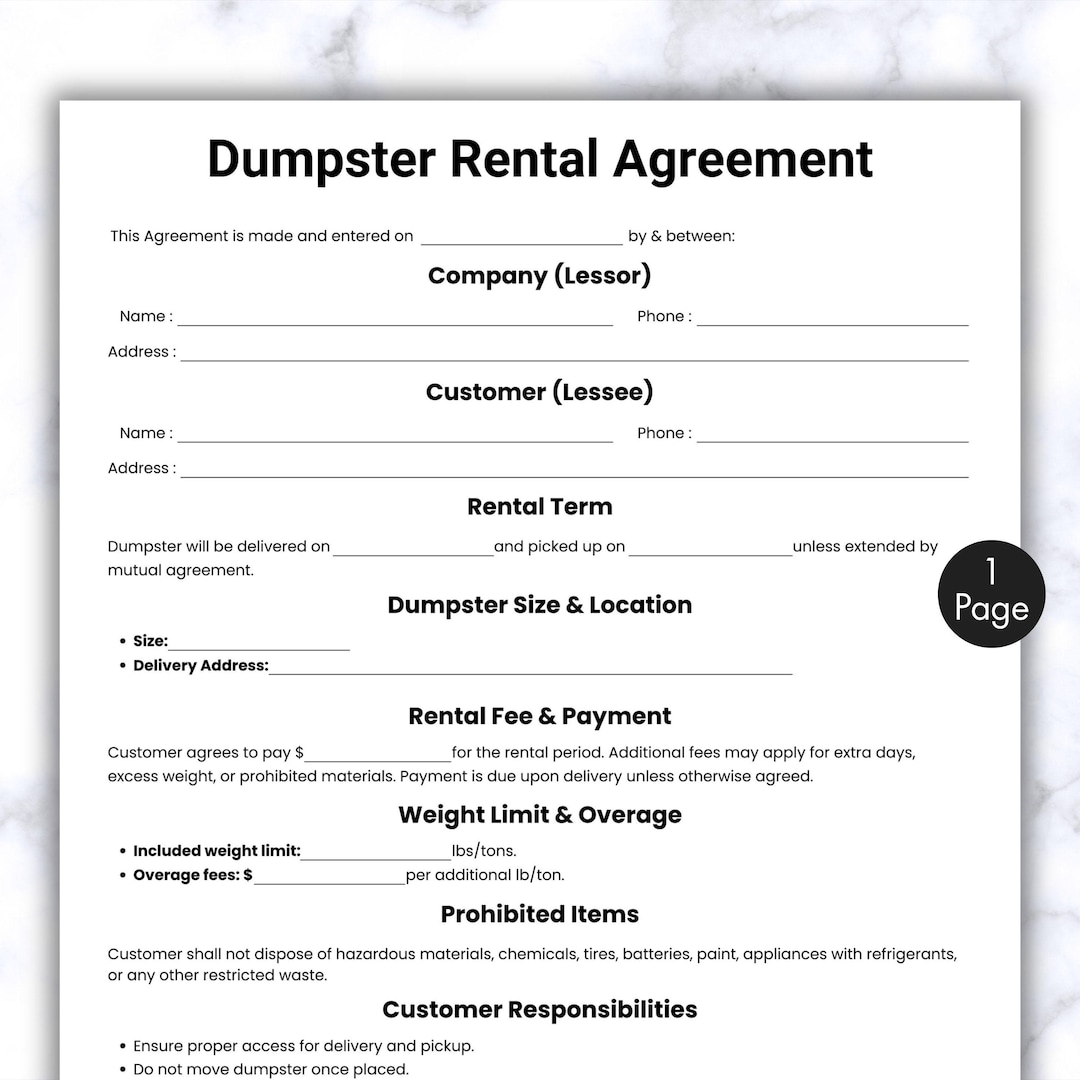 Simple Dumpster Rental Agreement, One Page Dumpster Contract Form ...