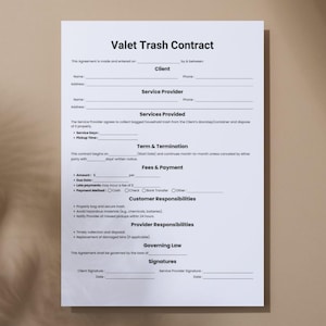 Simple Valet Trash Contract, One Page Rubbish Bin Collection Services Form Template, Printable ...