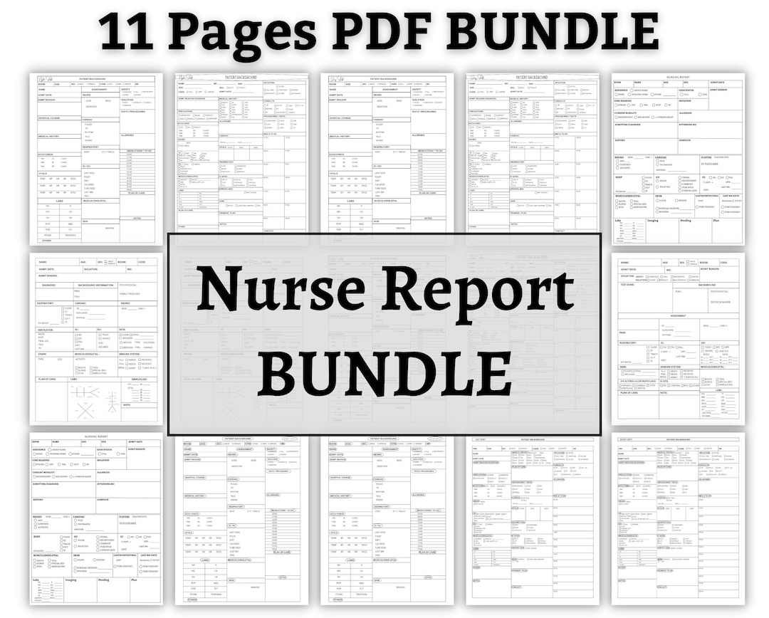 Nurse Report Bundle, Printable 11 Pages Nursing Brain, Icu Nurse, Med ...