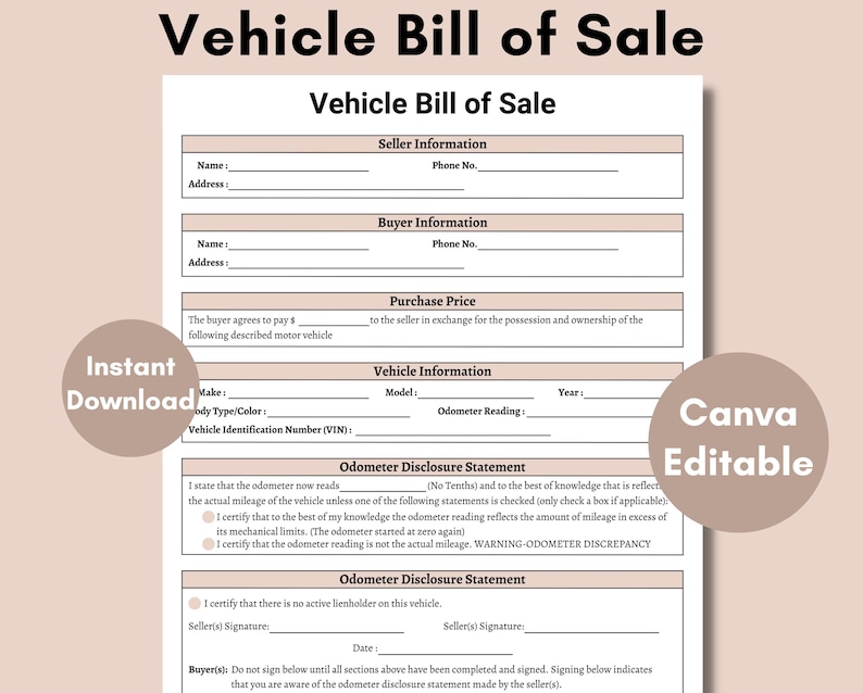 Vehicle Bill for Sale Printable Motor Bike and Car Sale Form - Etsy