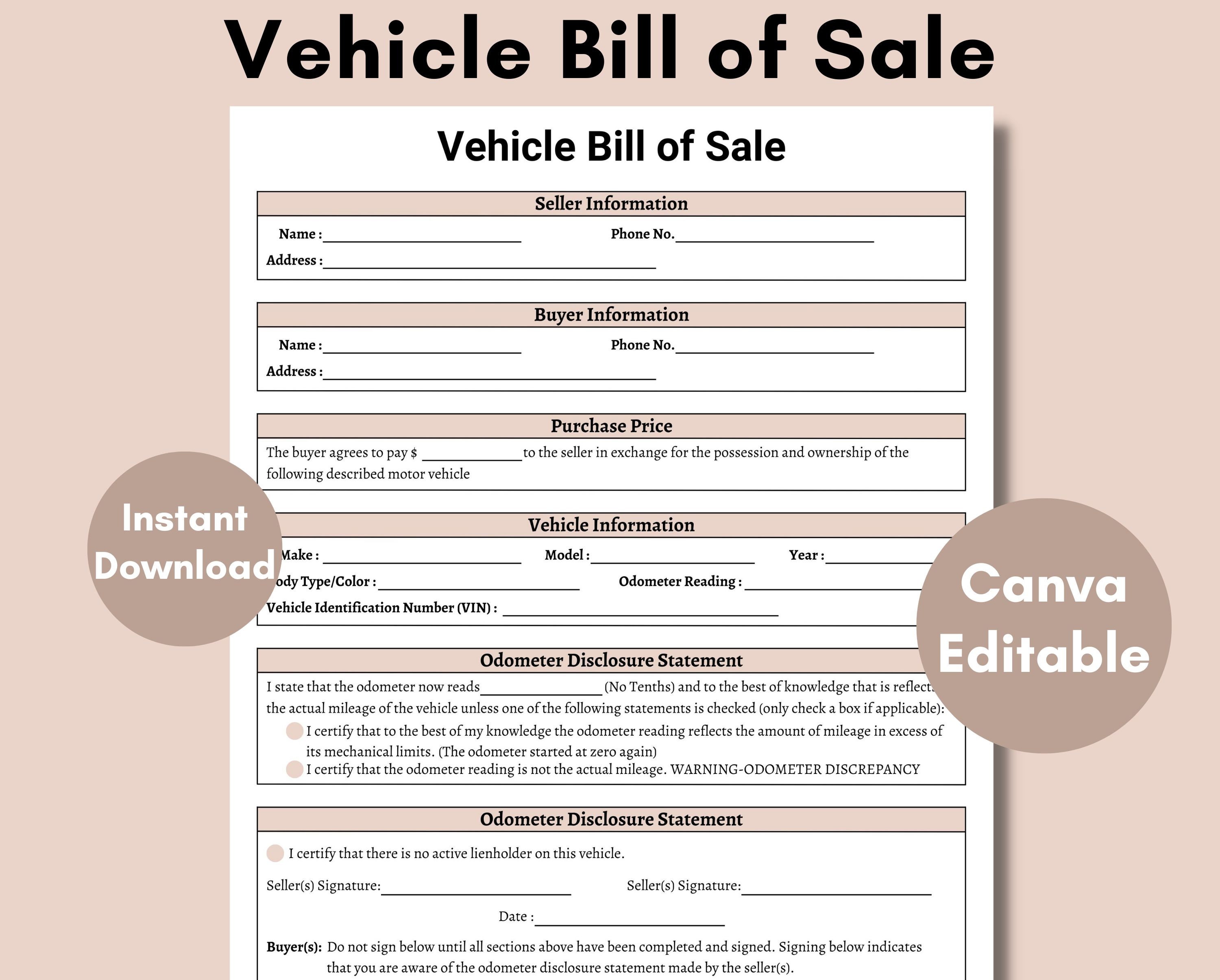Vehicle Bill for Sale Printable Motor Bike and Car Sale Form - Etsy