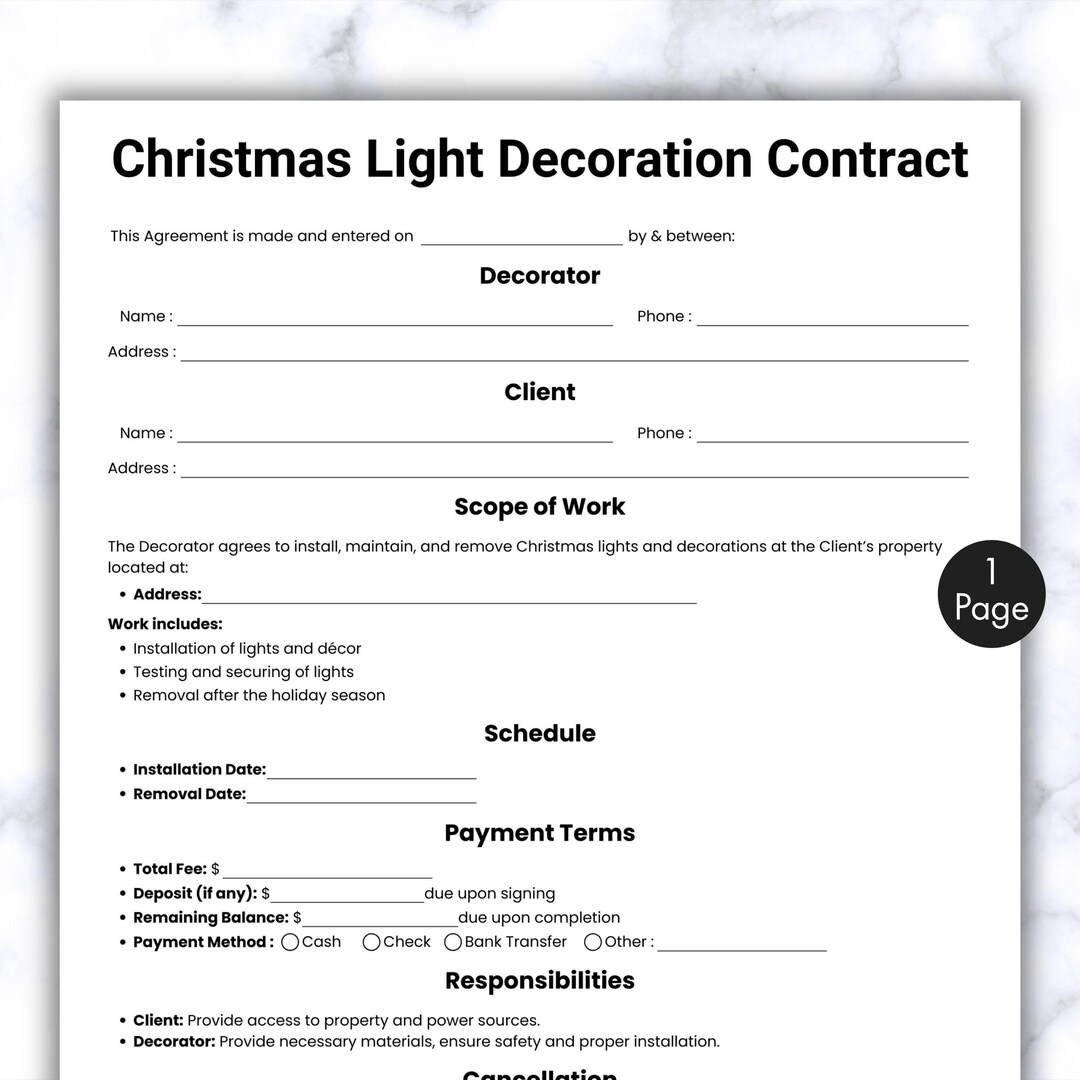 Simple Christmas Light Decoration Contract, One Page Holiday Light ...