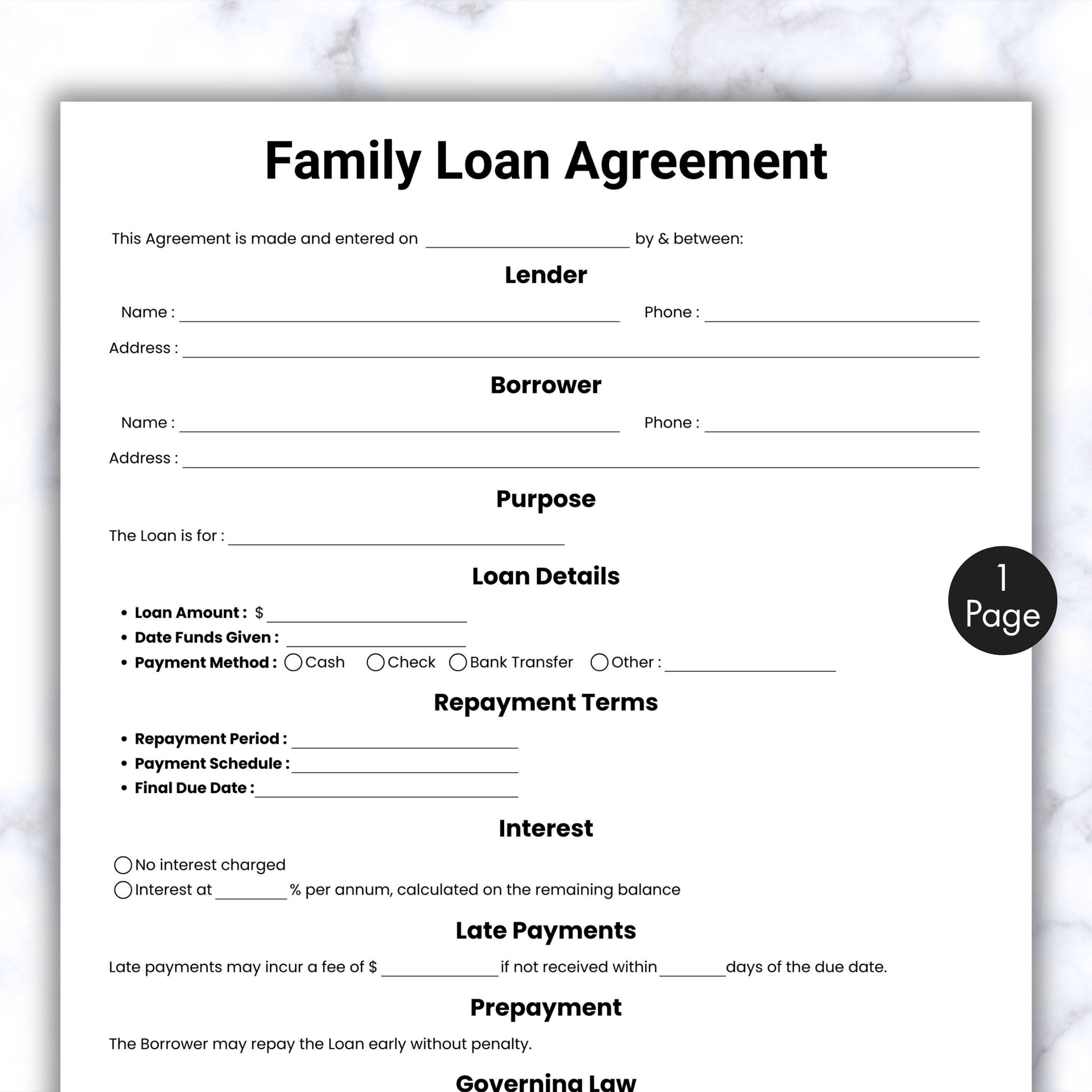 Simple Family Loan Agreement, One Page Family Loan Contract Form ...