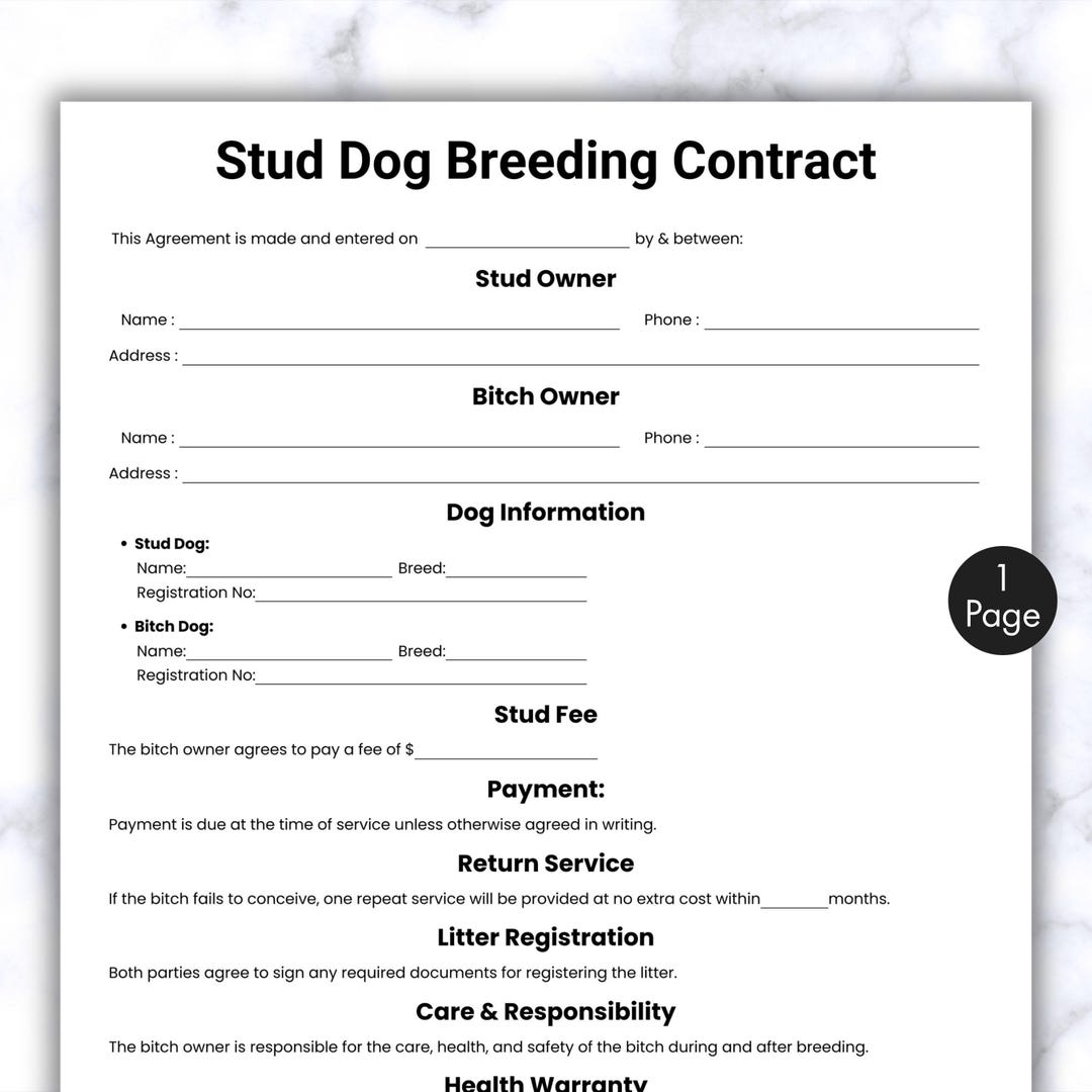 Simple Stud Dog Breeding Contract, One Page Canine Stud Dog Form ...