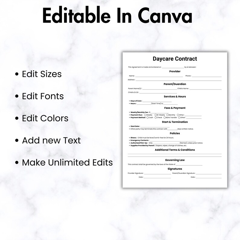 Simple Daycare Contract Template, One Page Daycare Forms, Printable ...