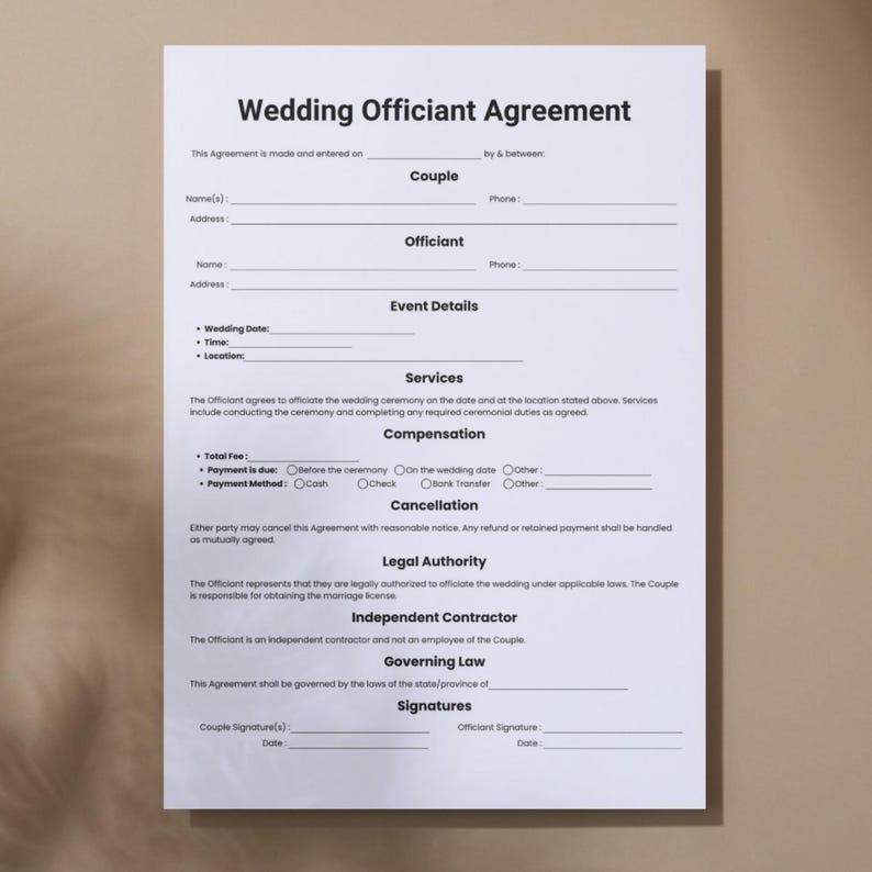 Simple Wedding Officiant Agreement, One Page Ceremony Contract Template ...