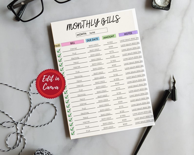 Printable Monthly Bill Tracker Bill Planner Editable - Etsy